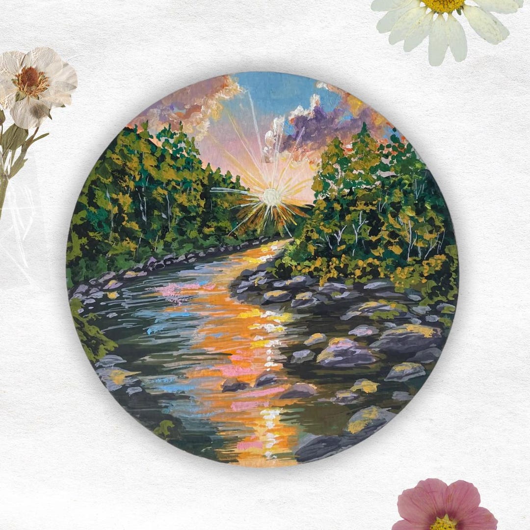 River, Original Gouache Painting, Round Canvas Painting, River Painting ...