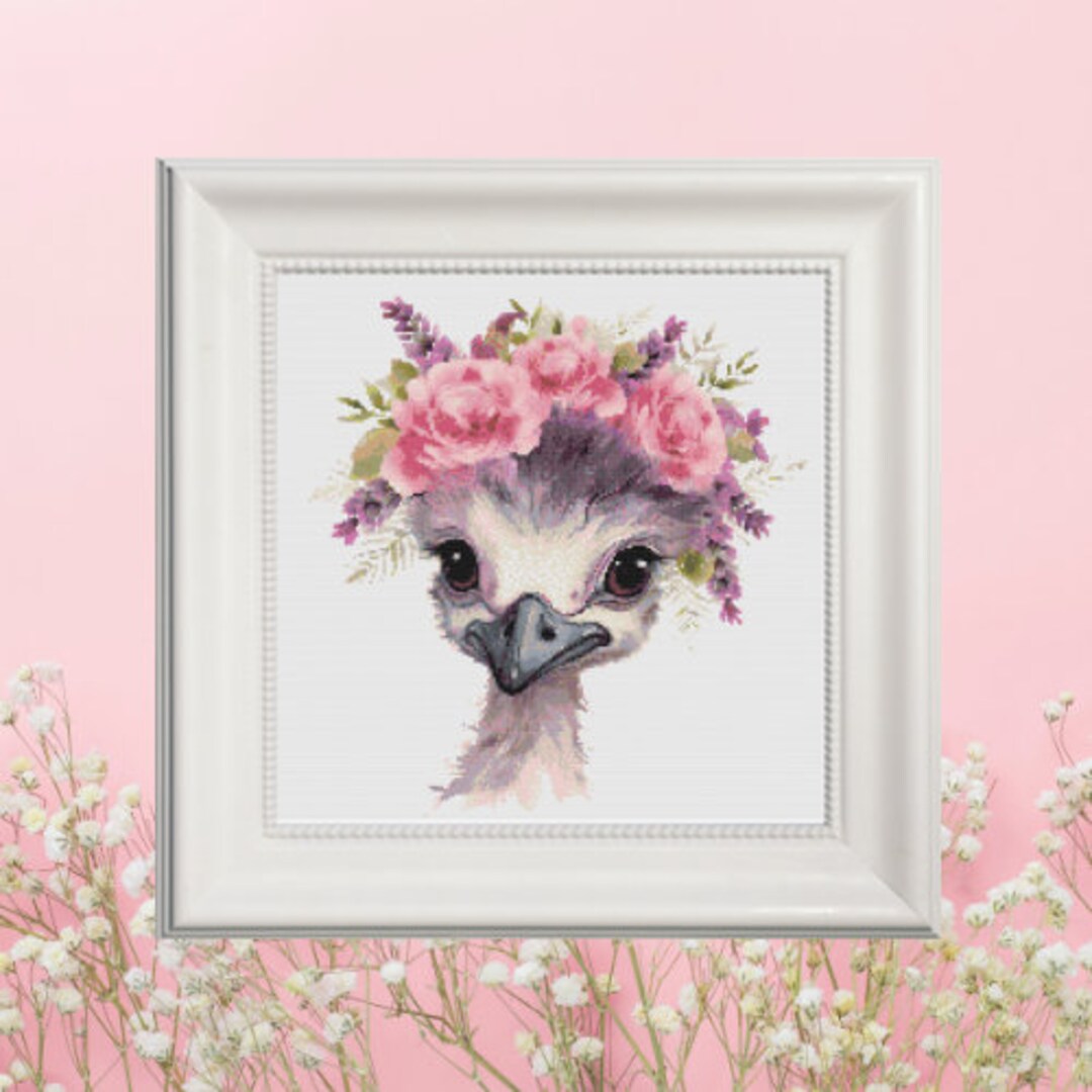 Ostrich With Floral Tiara Cross Stitch Pattern, Flower Headpiece, Chart ...