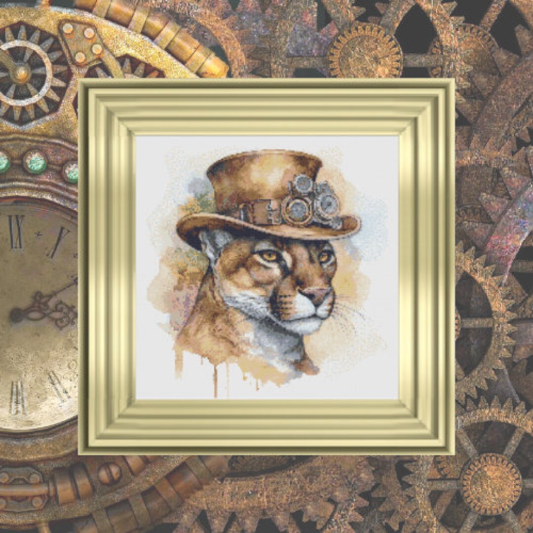 Steampunk Cougar Cross Stitch Pattern, Steampunk Animals, Hand ...