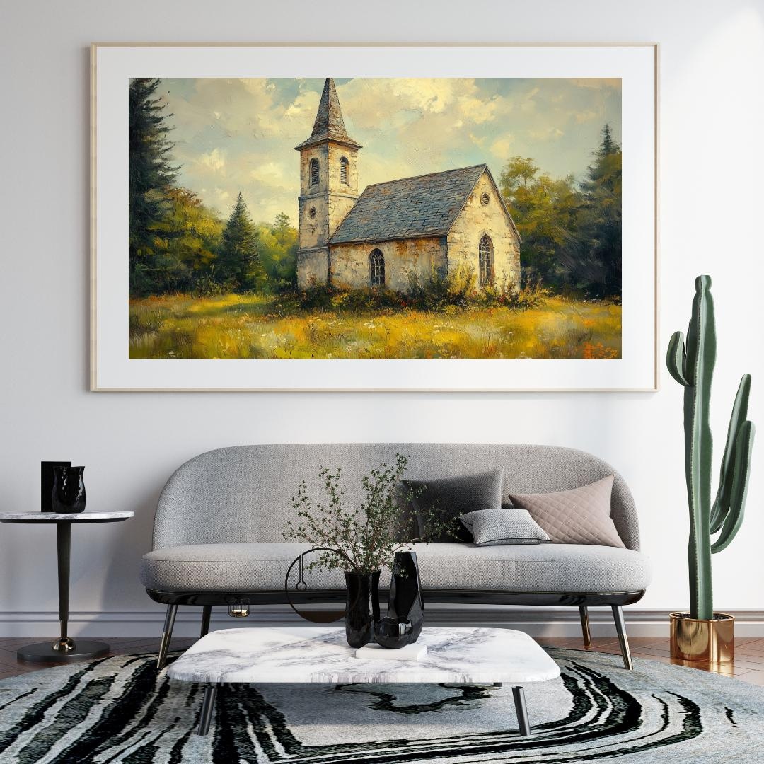 Vintage Church Painting | Old Wooden Church Wall Art | Countryside Art ...
