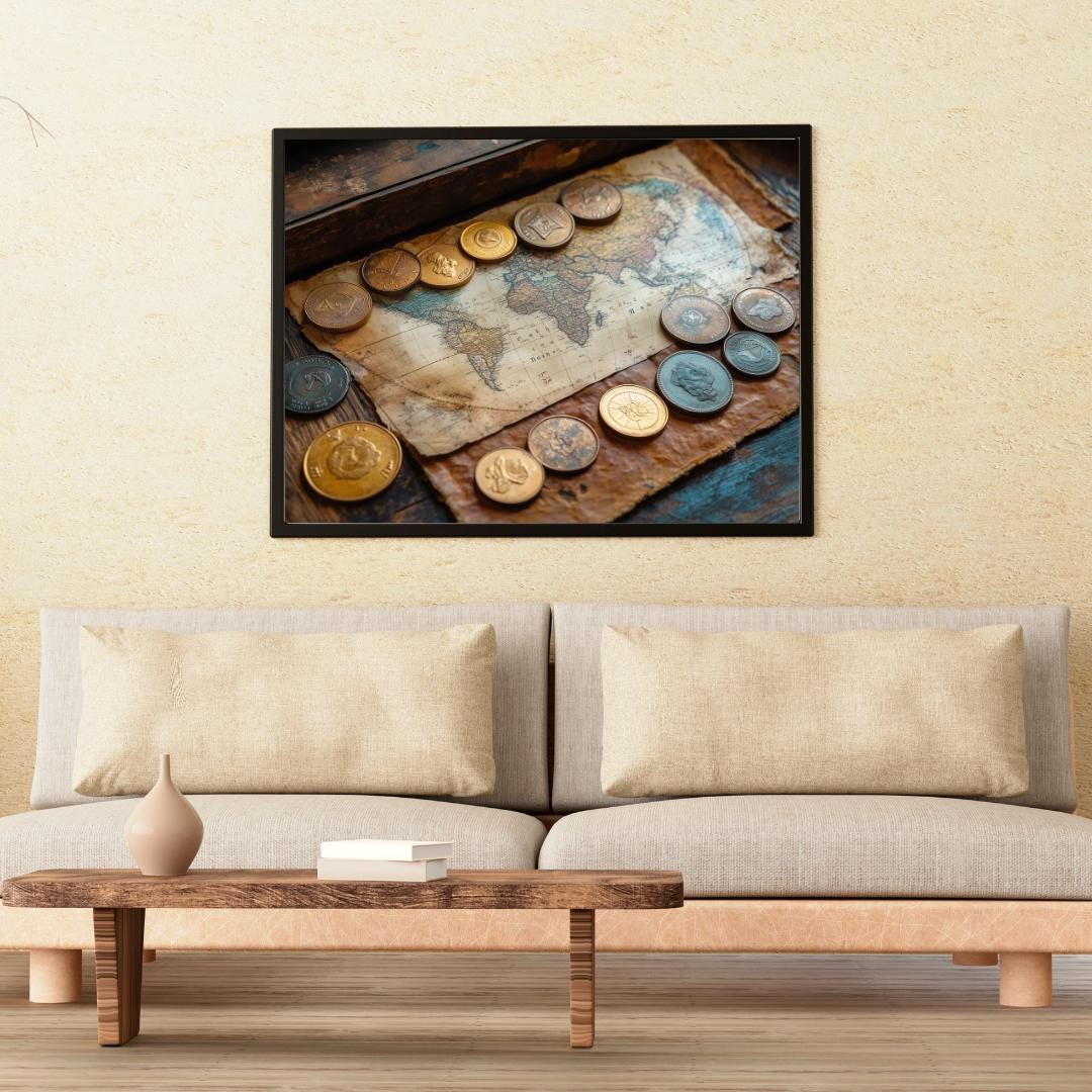 Treasure Wall Art Painting | Antique Coins and World Map Painting ...