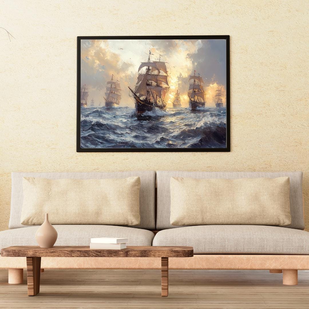 PIRATE SHIP BATTLE - Pirates Ship Wall, Sailing Ship Painting Print ...
