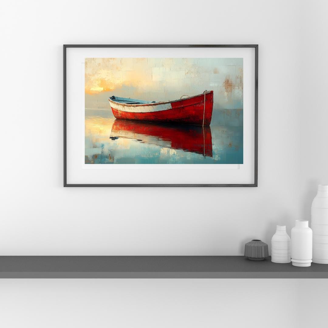 Fishing Boat Painting | Red Boat Oil Painting | Home Decoration | Boat ...