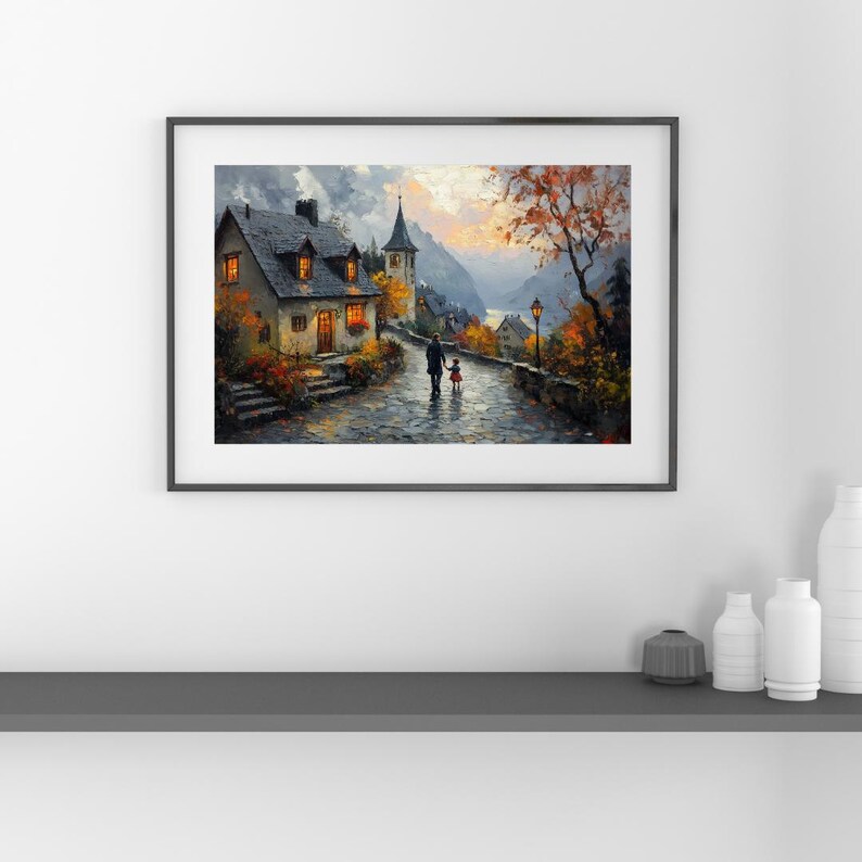 Quaint Village Scene Painting | Cobblestone Street Art | Houses Scene ...