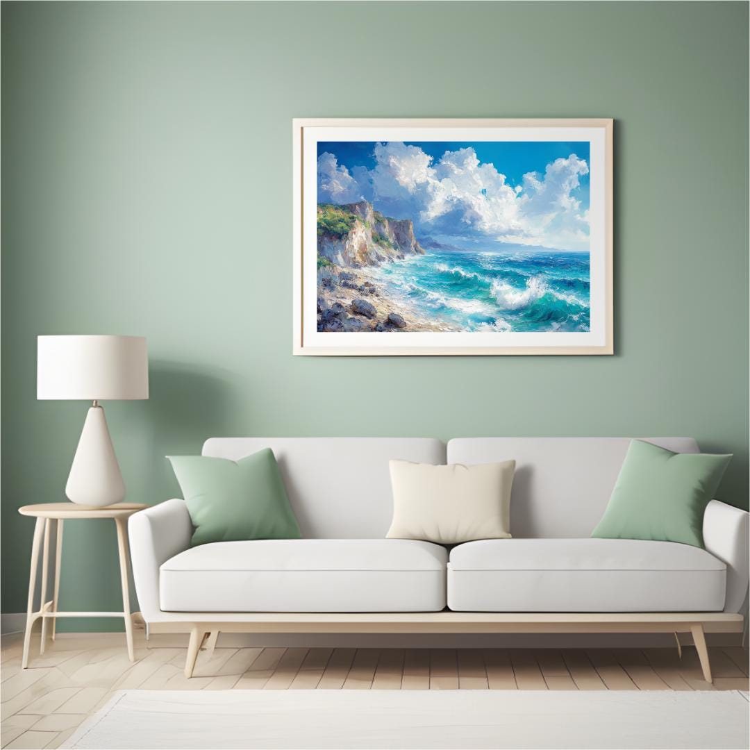 Blue Ocean Wave Painting | Digital Wall Art | Blue Ocean Wall Art ...