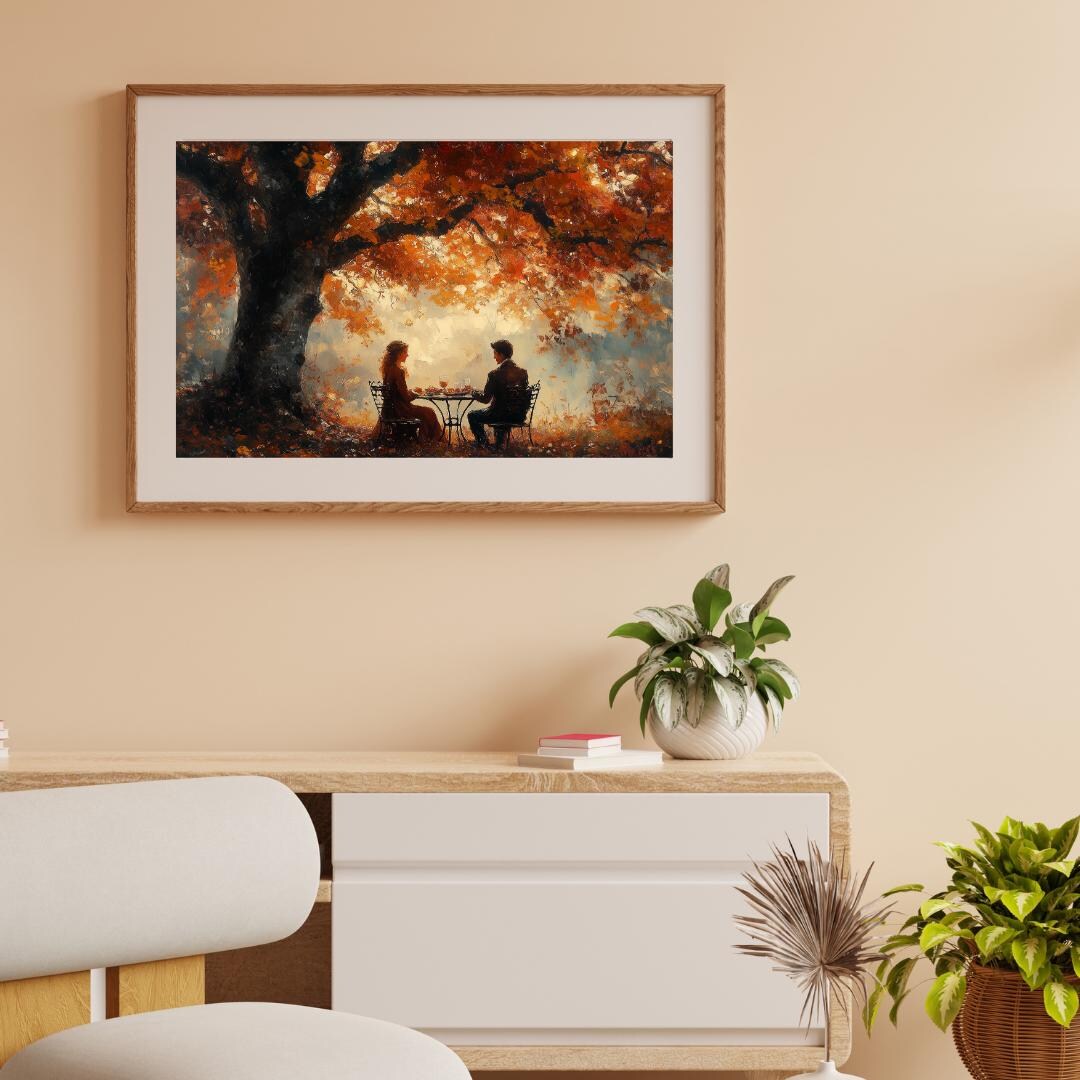 Couple Having a Picnic Under A Tree Painting | Autumn Tree Wall Art ...