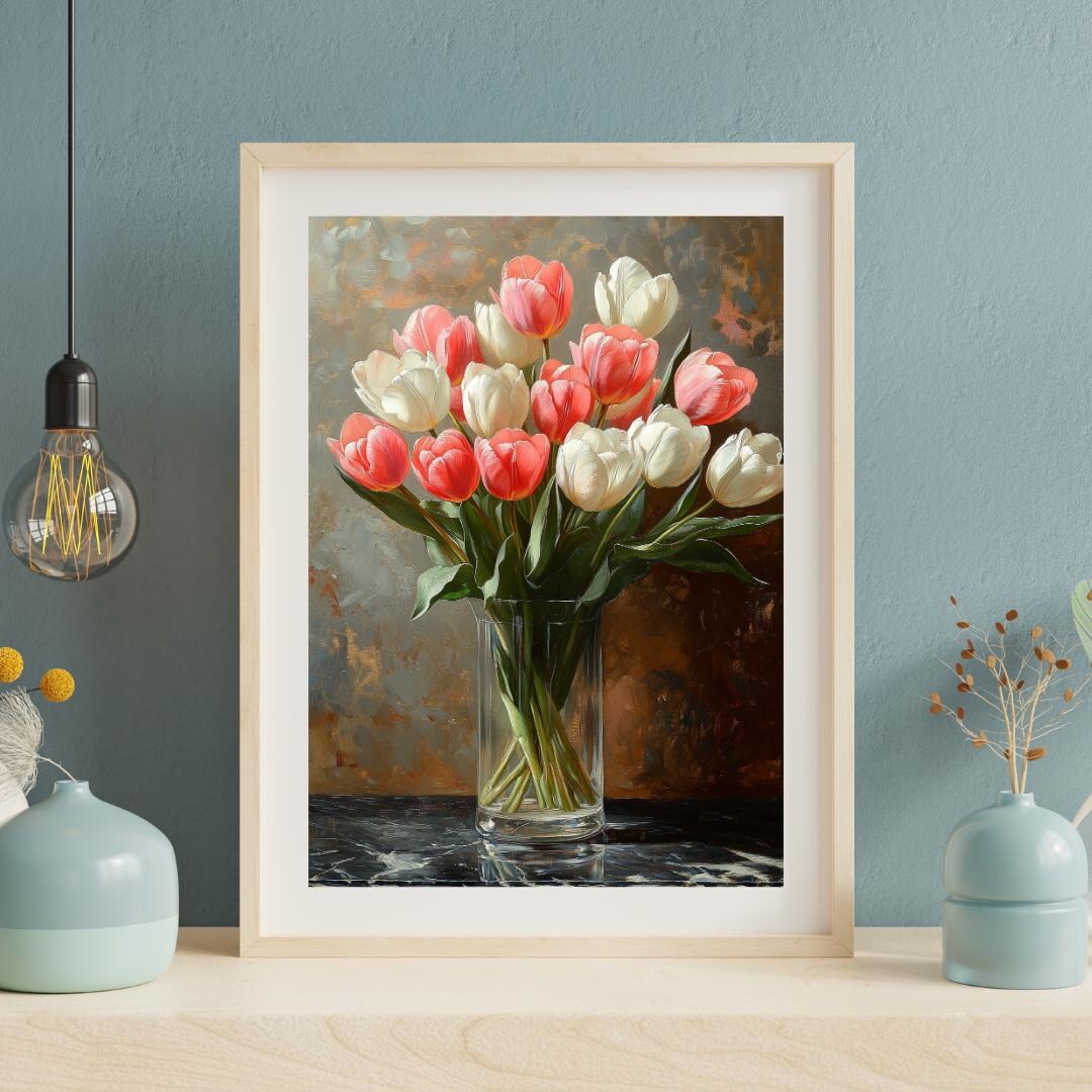 Tulips Bouquet in A Clear Glass Vase Painting | Pink and White Tulips ...