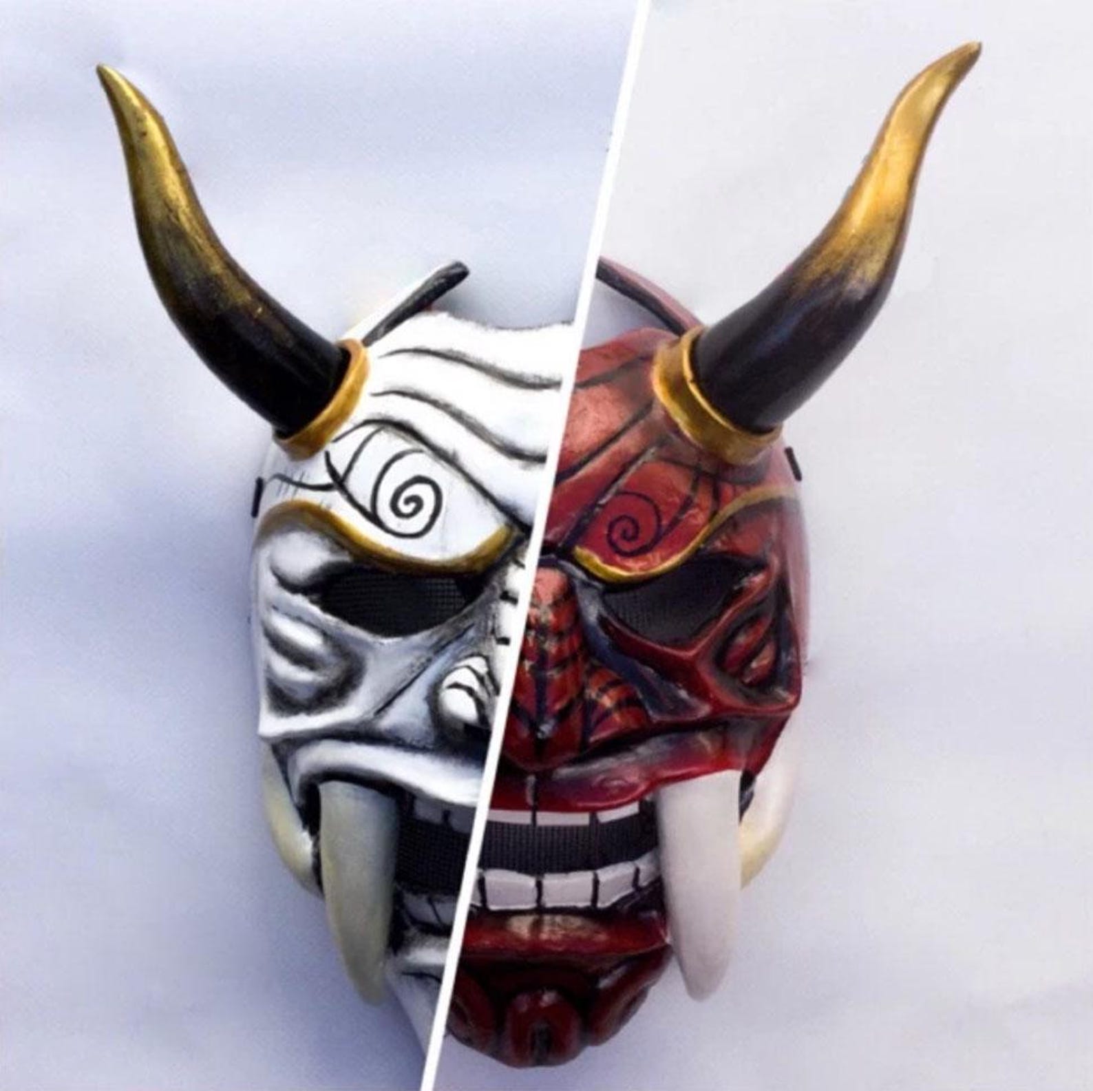 Custom Red Ghost Mask With Fangs and Horns Oni Mask Handmade Wooden ...