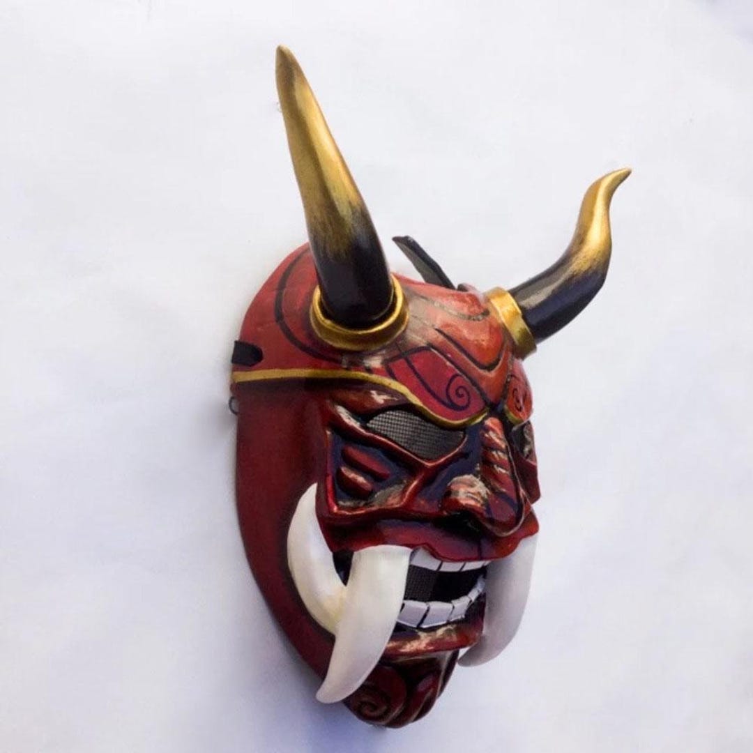 Red Ghost Mask Oni Mask Handmade Wooden Mask Cosplay Samurai Demon ...