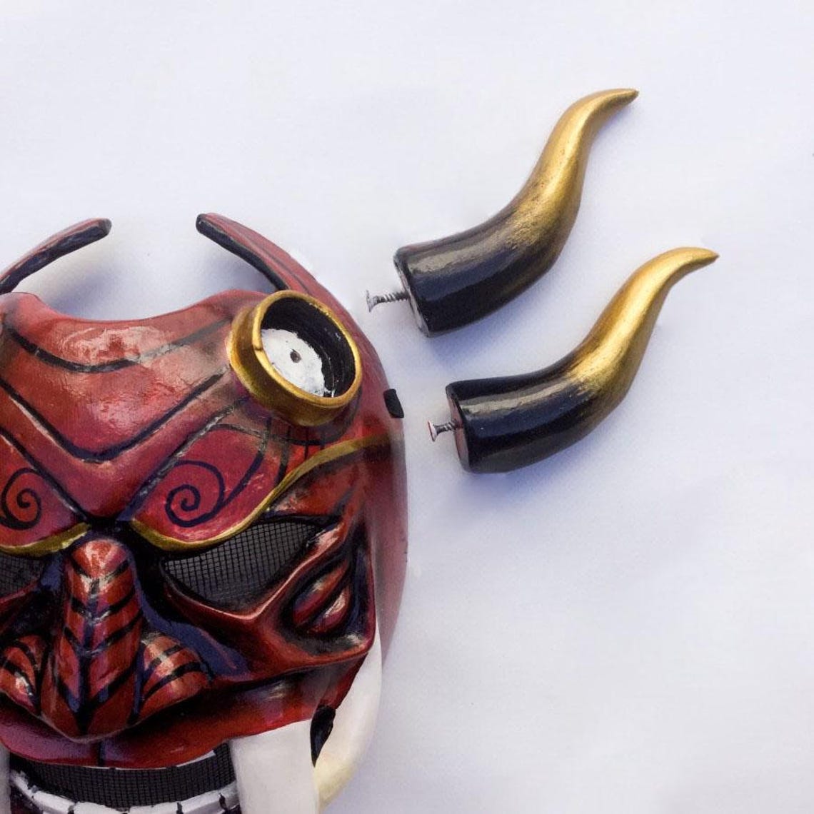 Custom Red Ghost Mask With Fangs and Horns Oni Mask Handmade Wooden ...