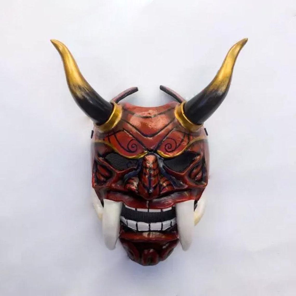 Custom Red Ghost Mask With Fangs and Horns Oni Mask Handmade Wooden ...