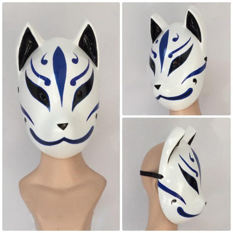 Handmade Kitsune Fox Mask: Blue Cosplay Wooden Mask Accept Custom ...
