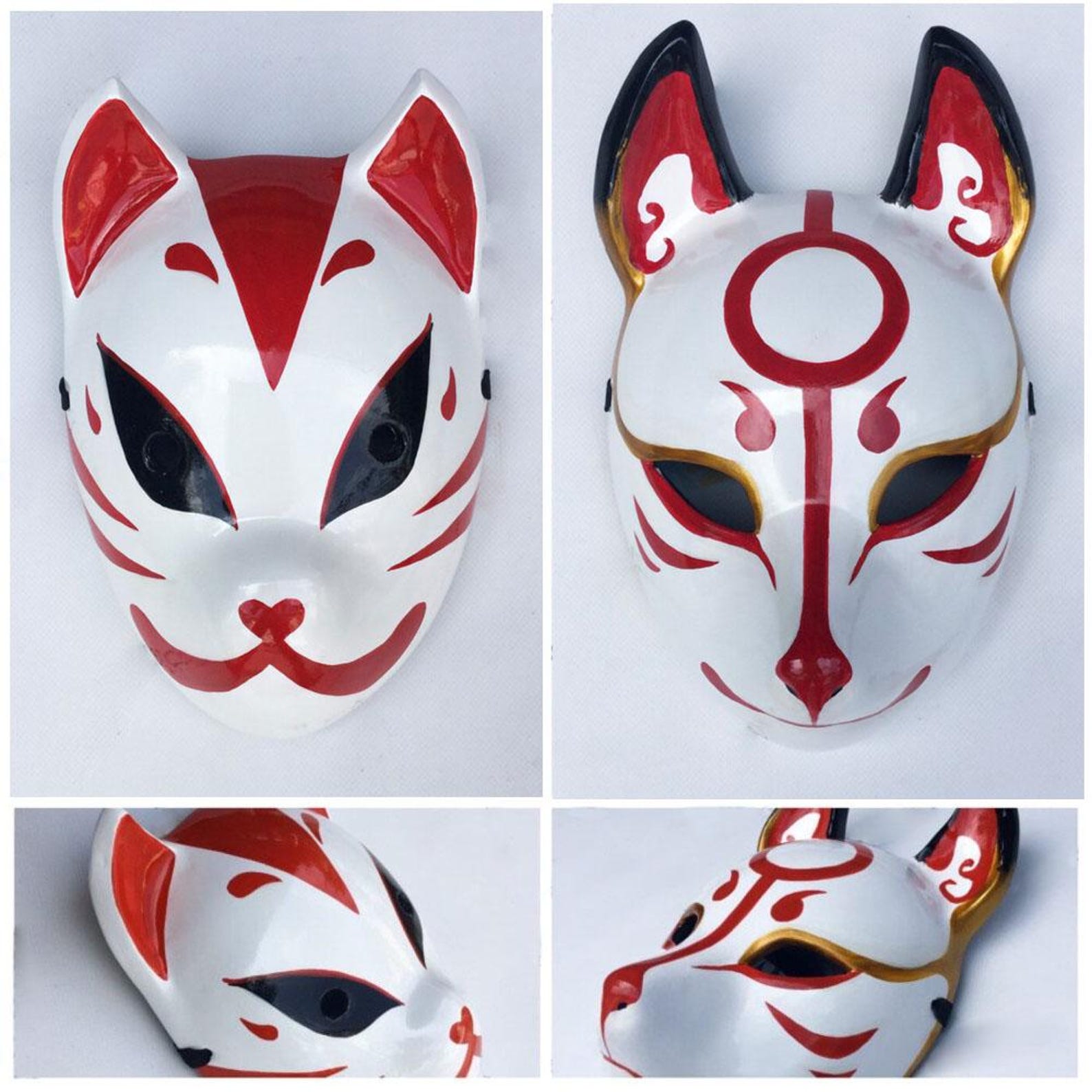 Custom Kitsune Fox Mask K06 Handmade Wooden Mask Cosplay White Red Gold ...