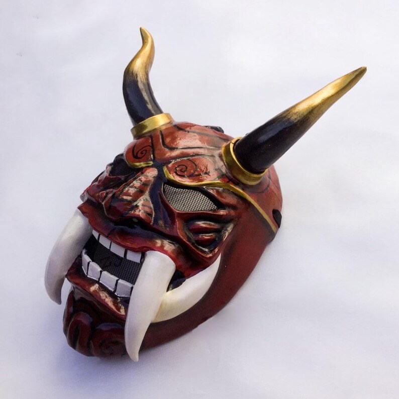 Custom Red Ghost Mask With Fangs and Horns Oni Mask Handmade Wooden ...