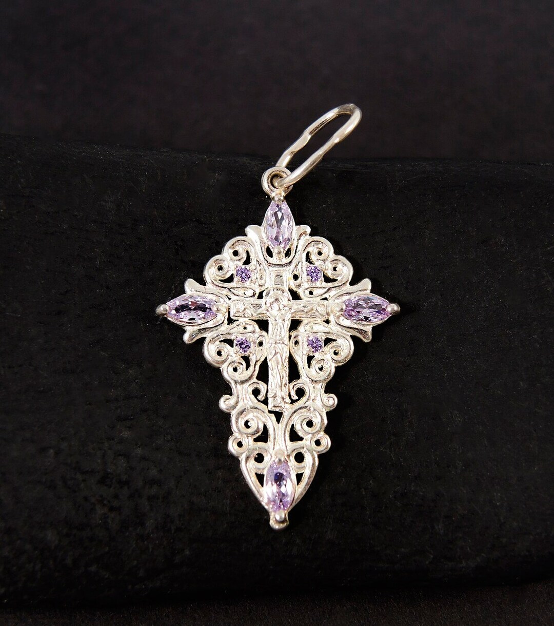 Stone Sterling Silver Cross, Dainty Small Filigree Cross Pendant Jesus ...