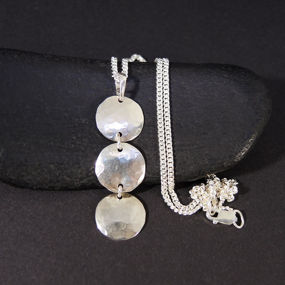 Disc Hammered Necklace, Sterling Silver Minimalist Necklace, Long ...