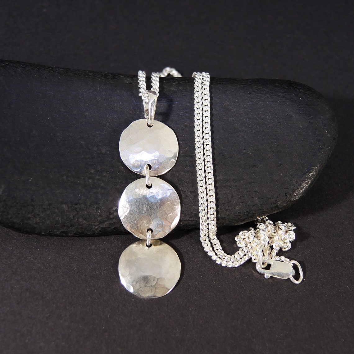Disc Hammered Necklace, Sterling Silver Minimalist Necklace, Long ...