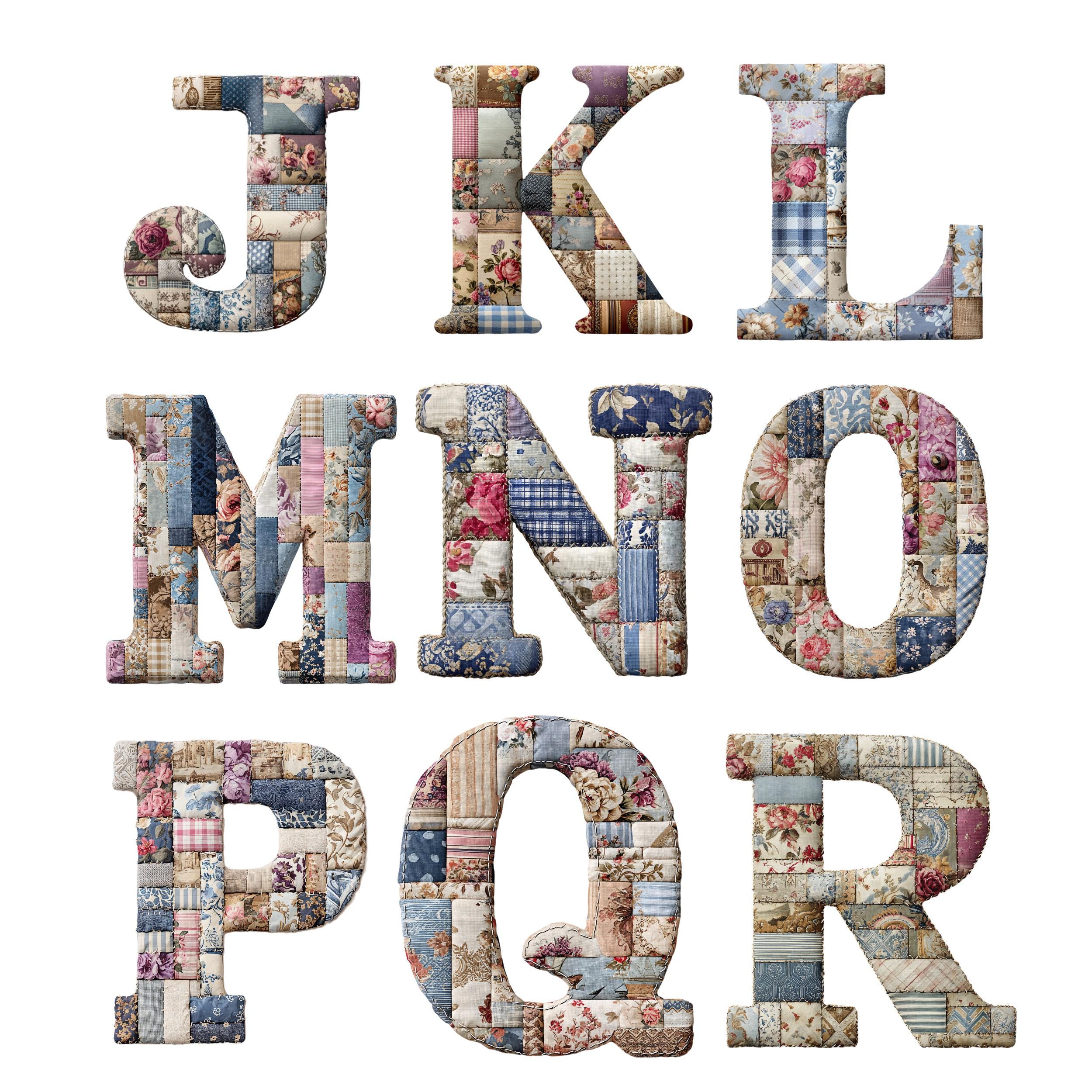 Patchwork Quilted Alphabet Clipart PNG, Vintage Floral Fabric Letters ...