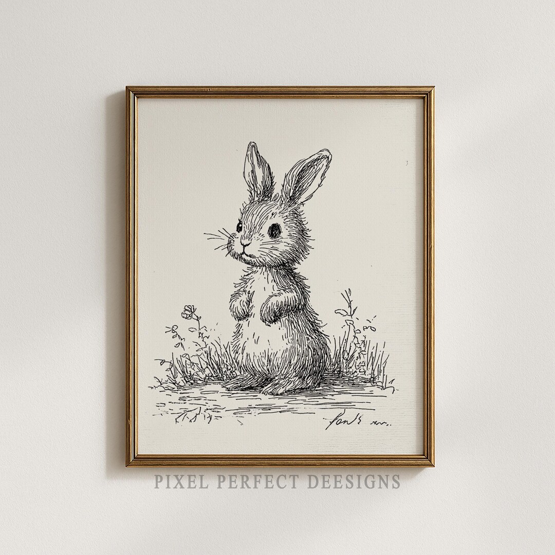Vintage Cottagecore Bunny Print, Printable Rustic Rabbit Line Art ...