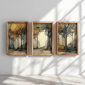 Modern Abstract Forest Landscape Gallery, Triptych Art Set of 3, Earthy ...