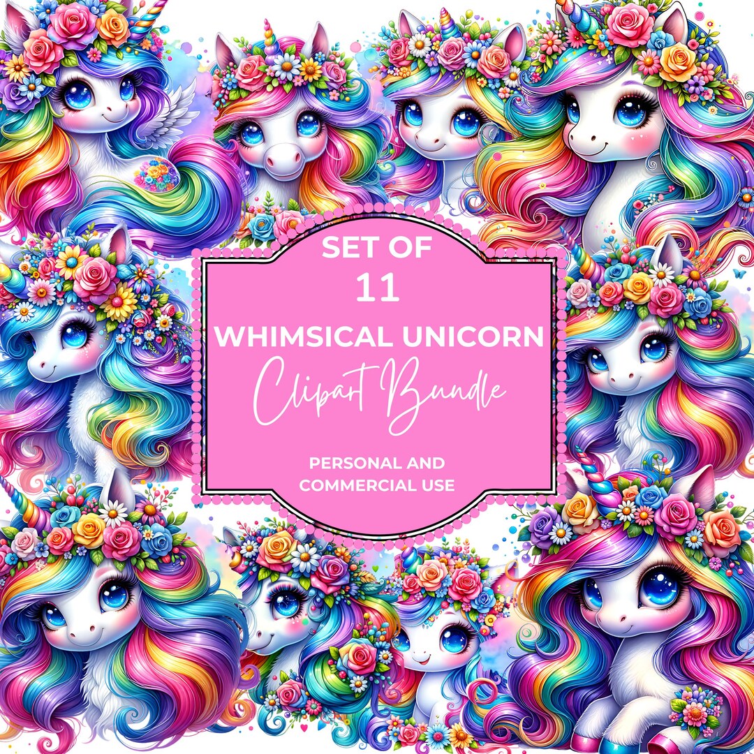 Whimsical Unicorn Png Bundle, Kawaii Unicorn Clipart, Fantasy Wall Art ...