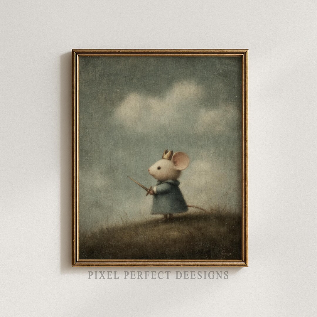 Vintage Storybook Mouse Print - Crowned Mouse on Grassy Hill, Cute Soft ...
