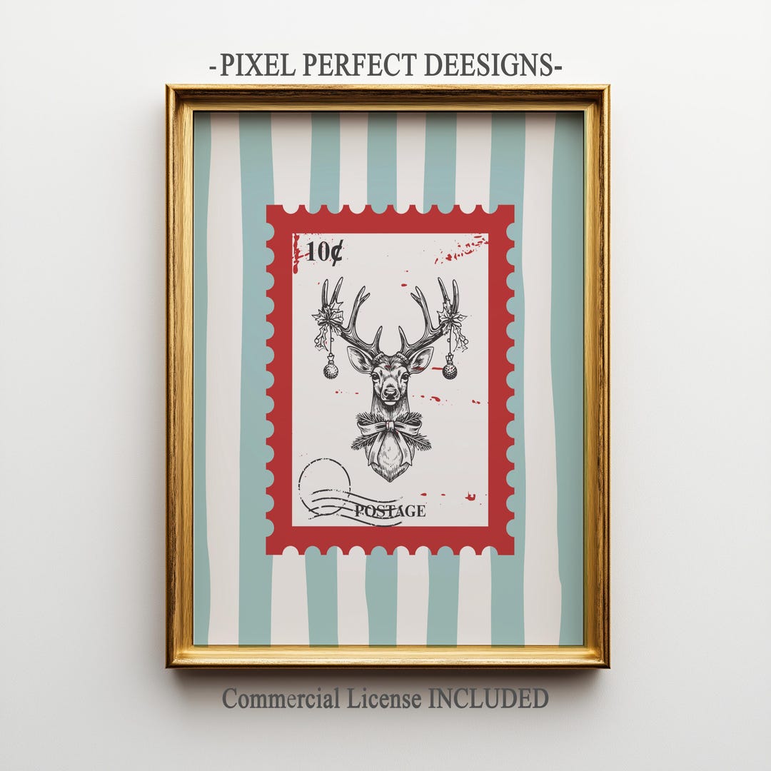 Festive Reindeer Portrait With Ornamented Antlers - Vintage Sketch ...