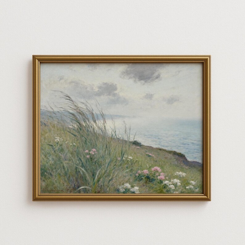 Coastal Cliff Meadow Scene - Printable Landscape Painting, Calm & Moody ...
