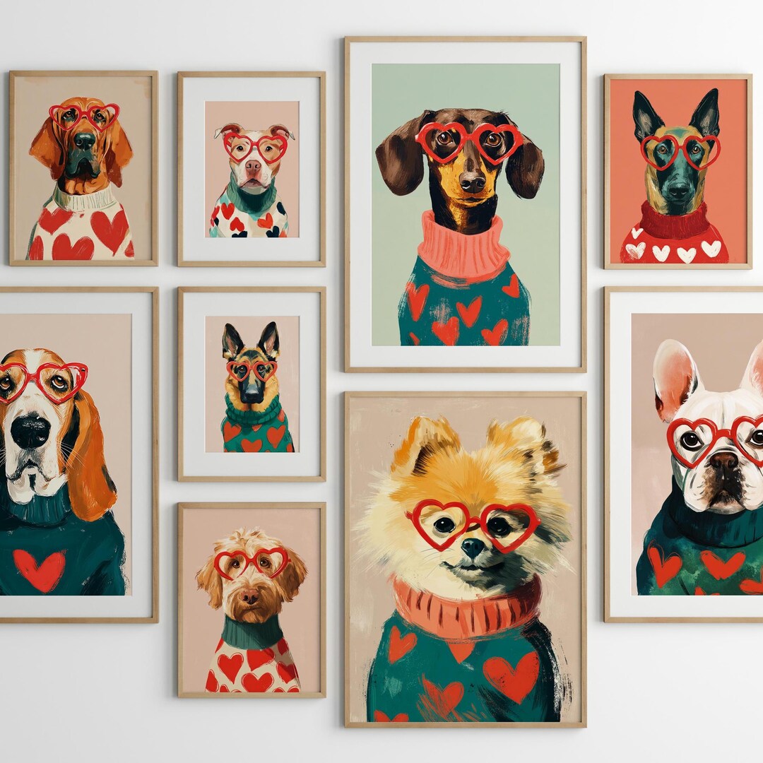 Printable Valentine’s Dog Portraits, Gallery Wall Set Bundle of 12 ...