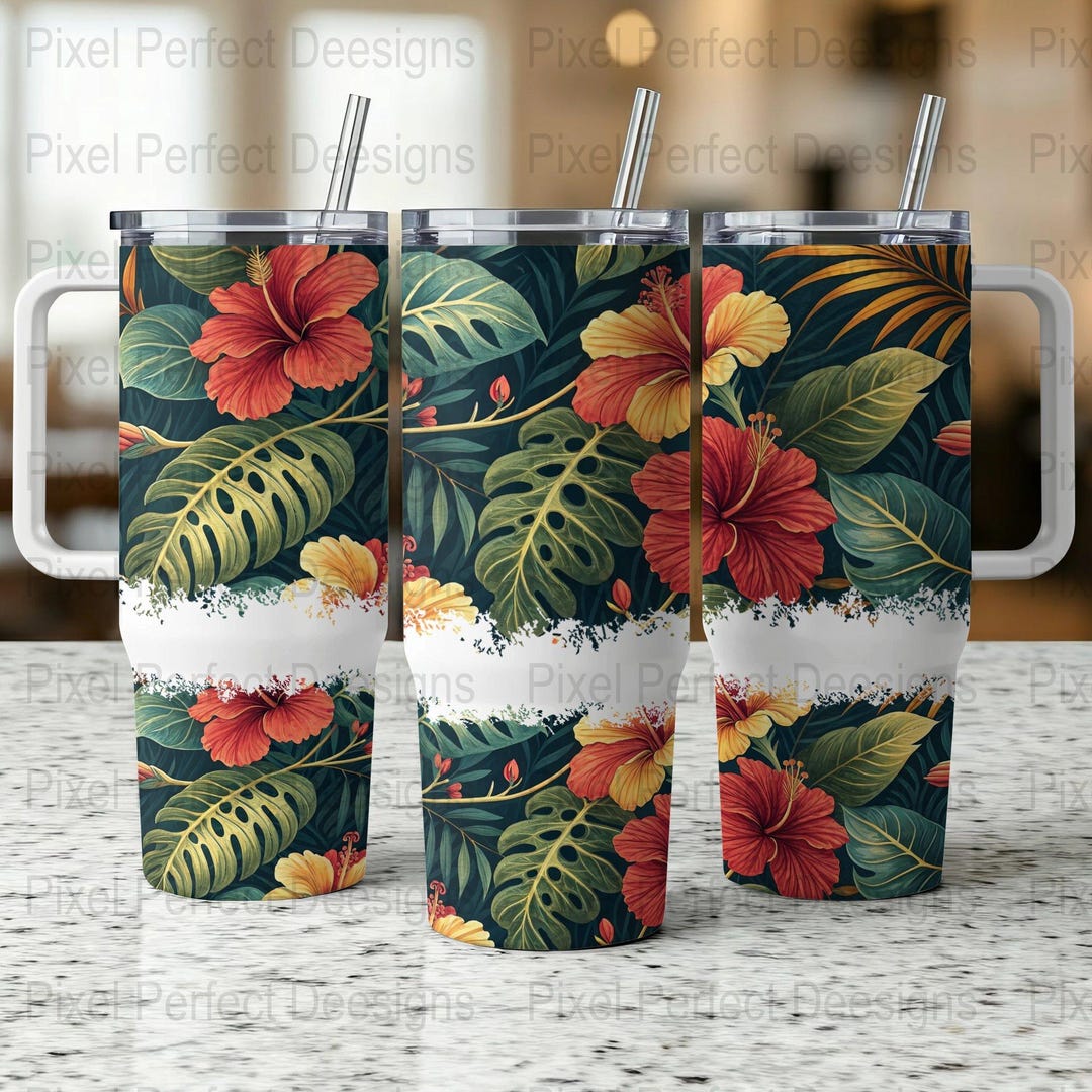 Tropical Floral 40 Oz Tumbler Wrap, Hibiscus Tumbler Wrap Png, Tropical ...