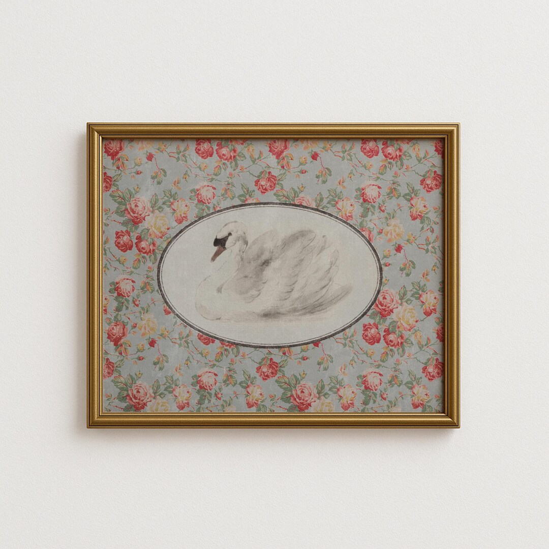 Printable Vintage Swan Medallion Sketch - Romantic Cottagecore Wall Art ...