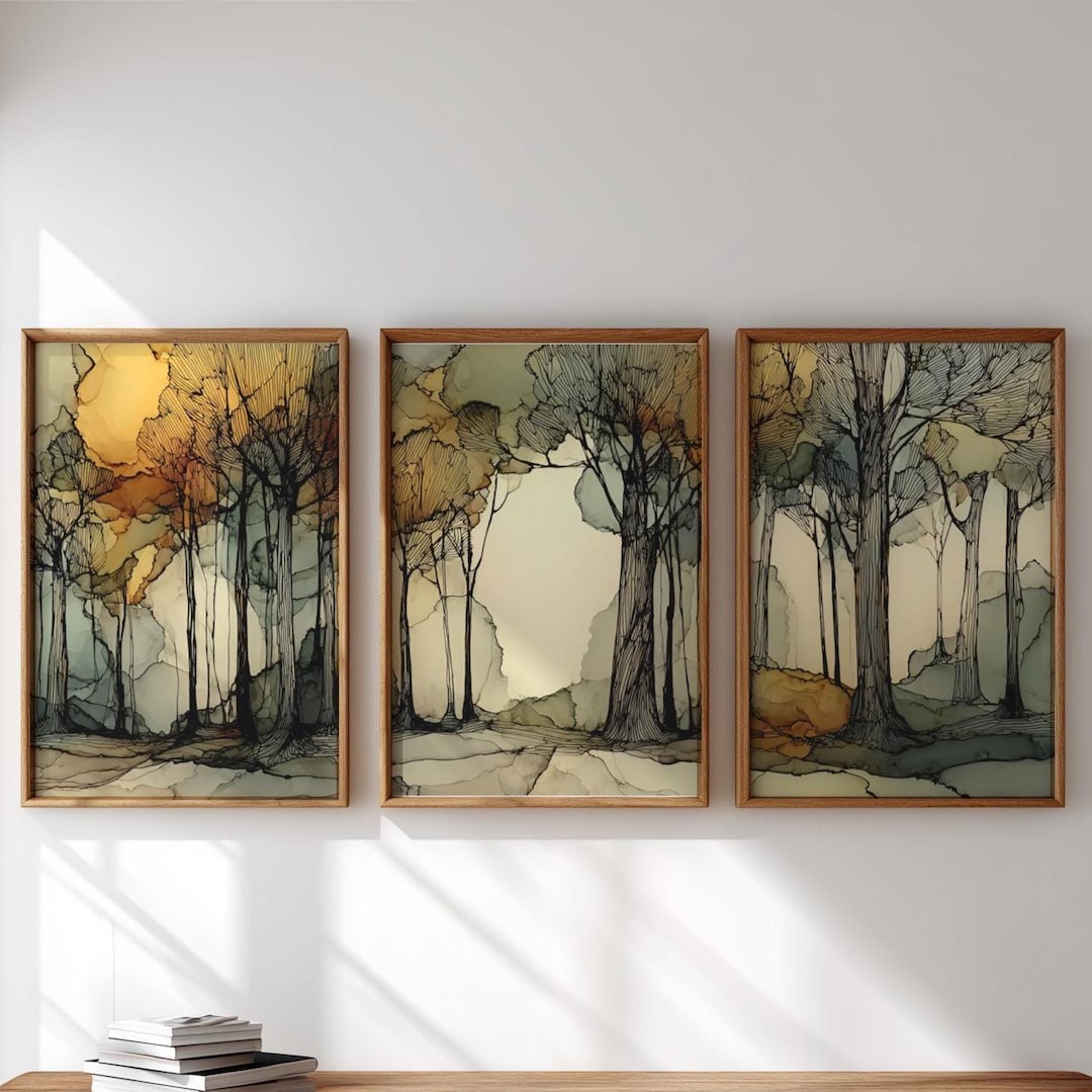 Modern Abstract Forest Landscape Gallery, Triptych Art Set of 3, Earthy ...