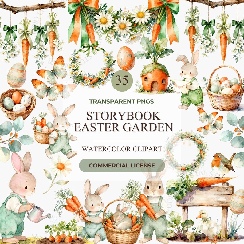 Story Book Easter Garden Clipart Bundle, Carrot Bunny Watercolor PNG ...