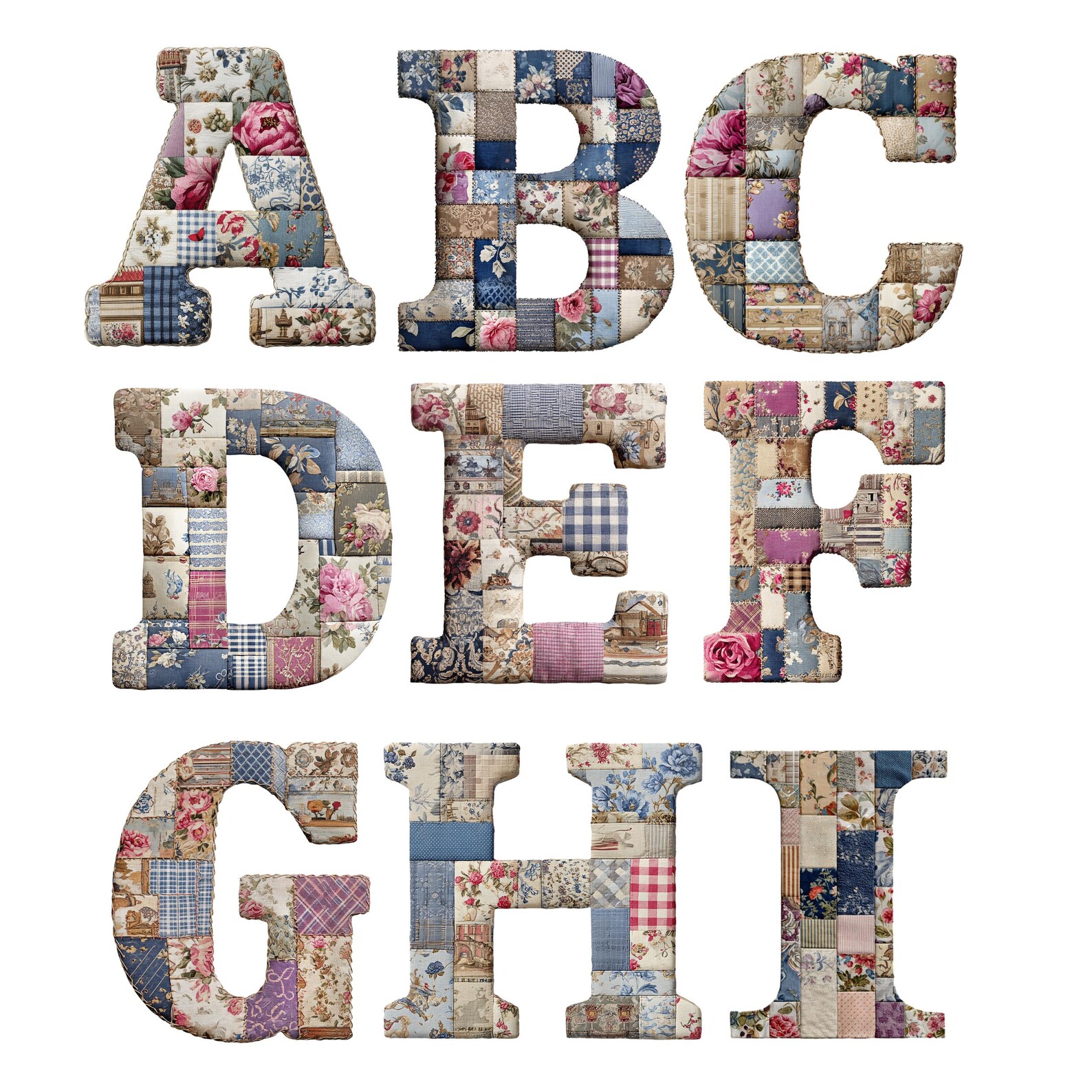 Patchwork Quilted Alphabet Clipart PNG, Vintage Floral Fabric Letters ...