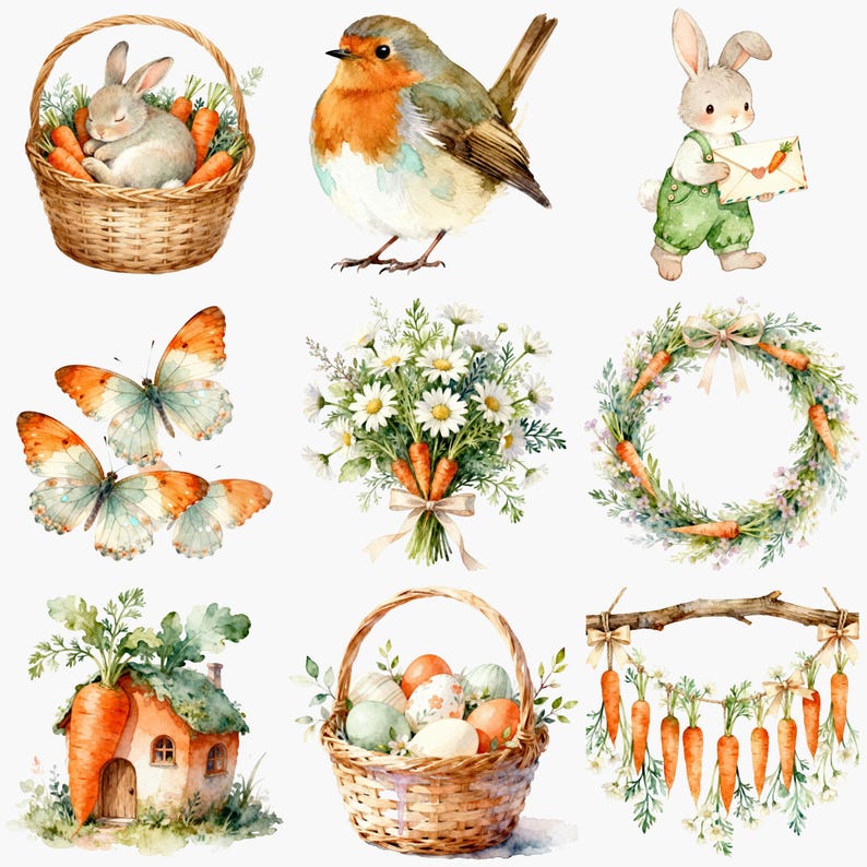 Story Book Easter Garden Clipart Bundle, Carrot Bunny Watercolor PNG ...