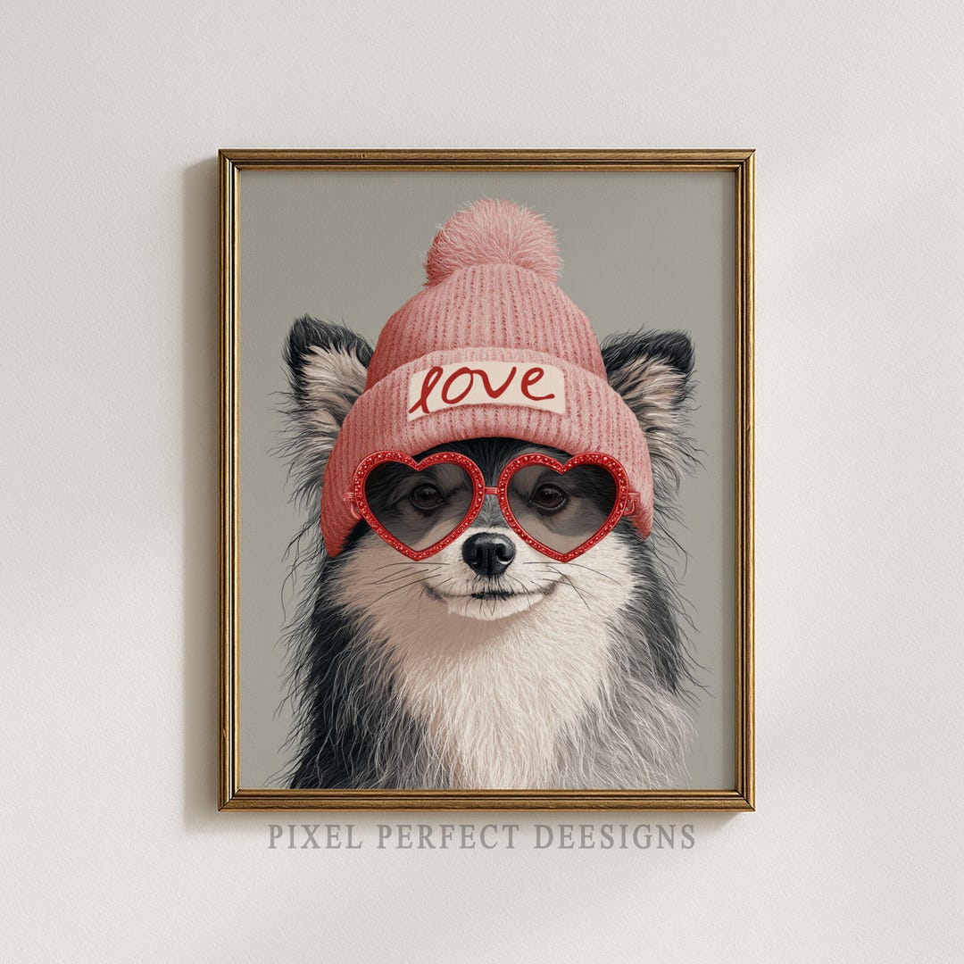 Pomsky Dog Portrait in Pink Beanie - Playful Valentine's Wall Art, Cute ...