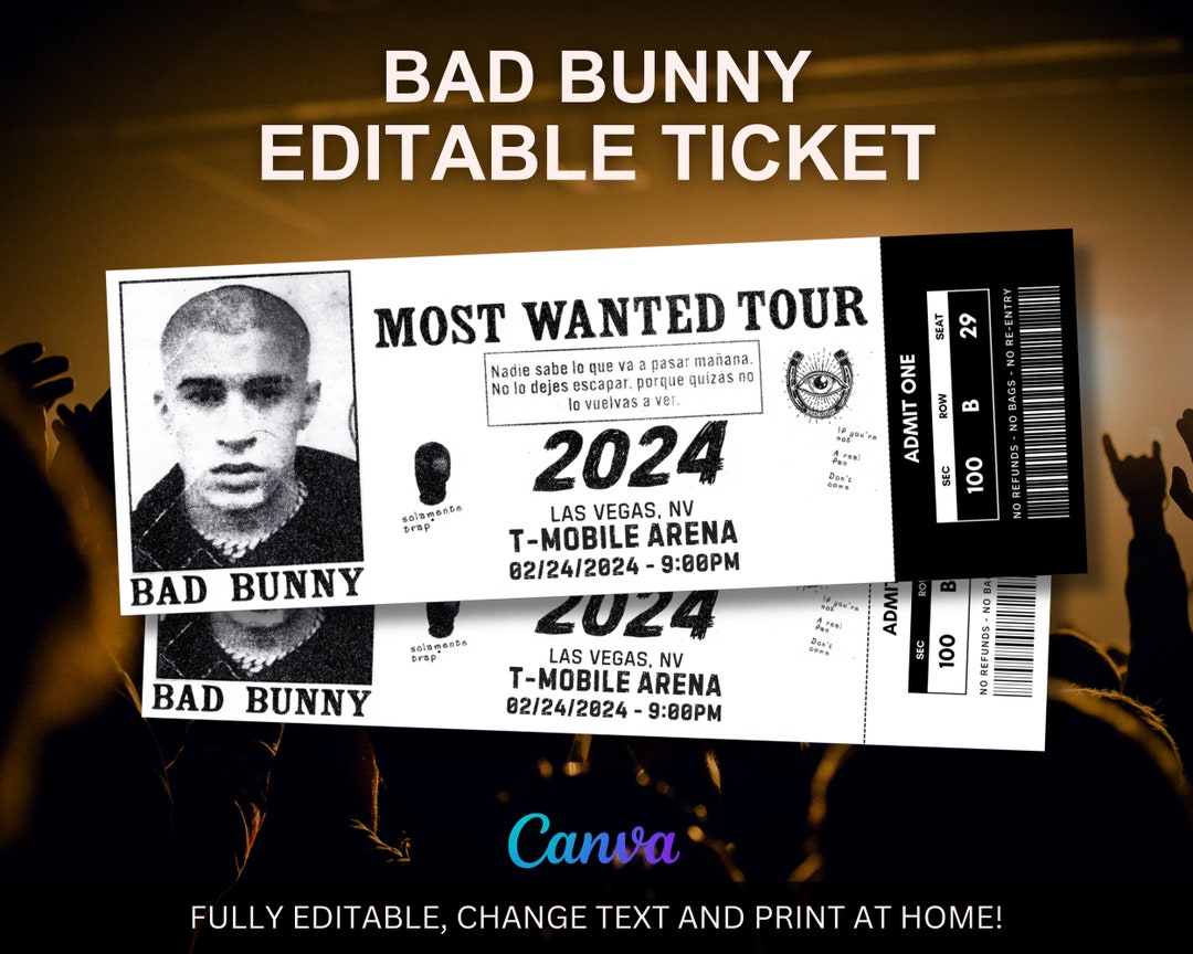 Editable Bad Bunny Ticket, Most Wanted Tour 2024, Bad Bunny Concert ...