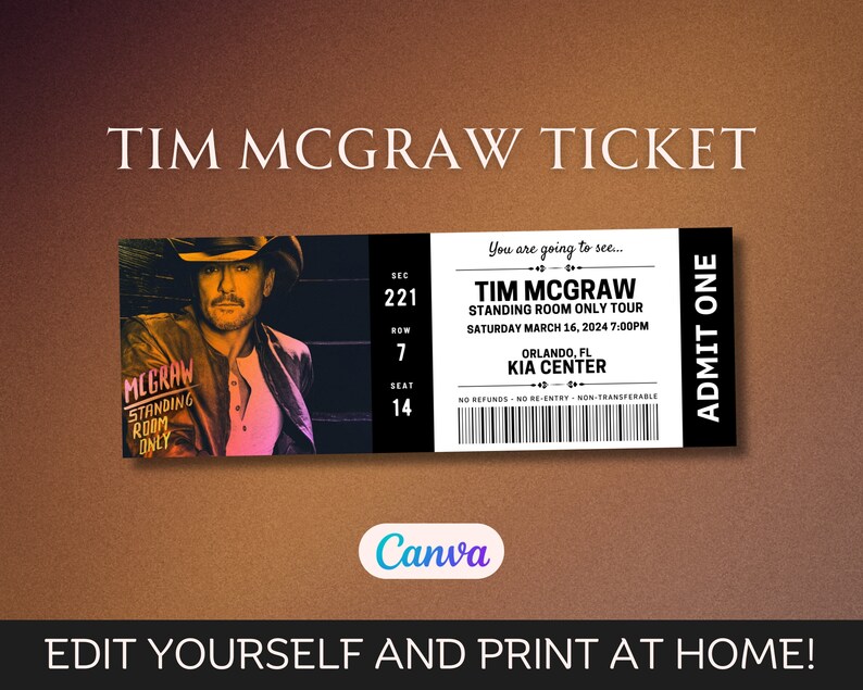 Editable Tim Mcgraw Ticket, Standing Room Only 2024 Memorabilia, Tim ...