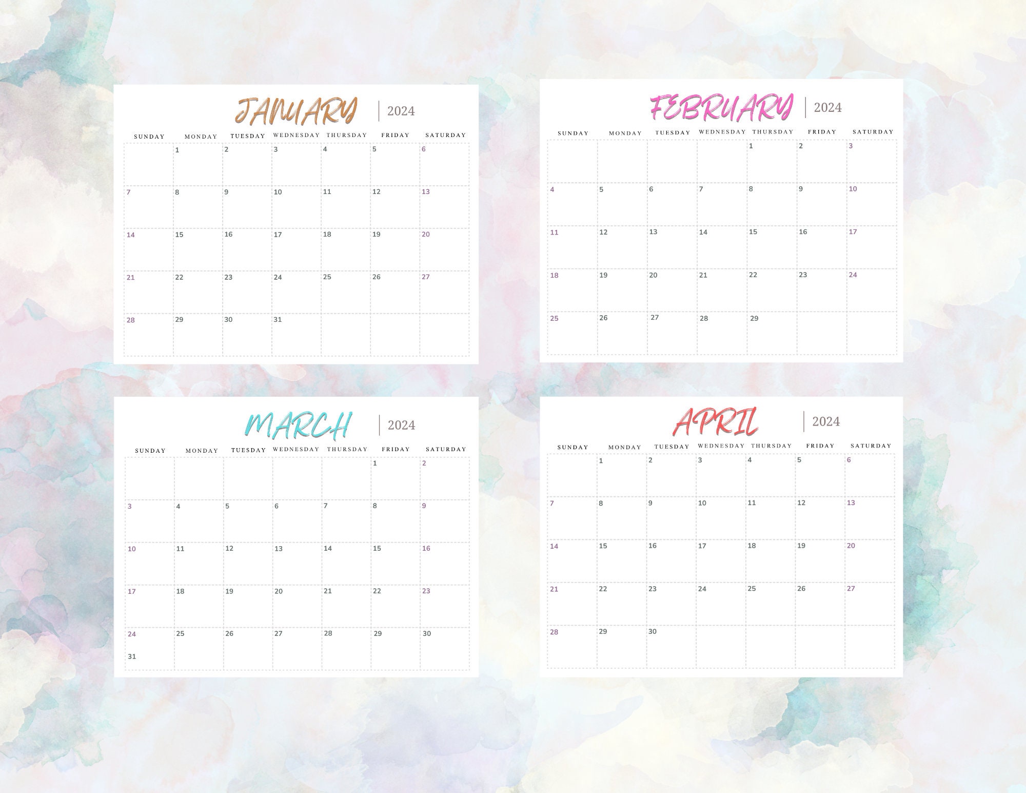 2024 Calendar With Week Number Printable, Watercolor, Calendar With ...