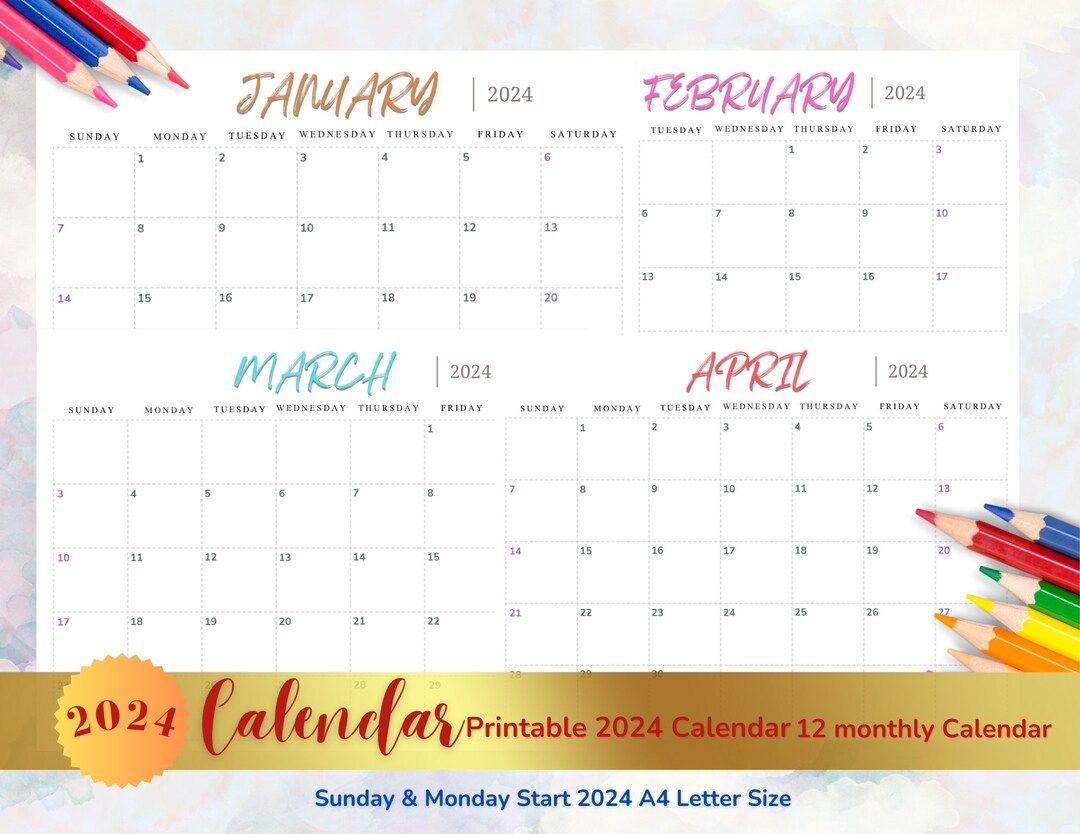 2024 Calendar With Week Number Printable, Watercolor, Calendar With ...