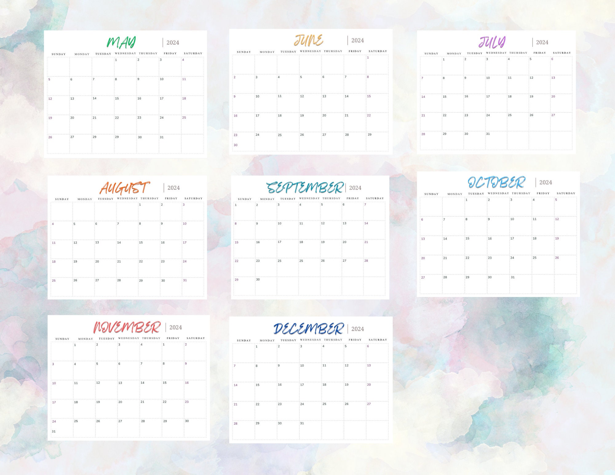 2024 Calendar With Week Number Printable, Watercolor, Calendar With ...
