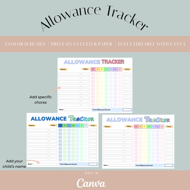 Editable Allowance Tracker | Printable Allowance Chore Chart | Daily ...
