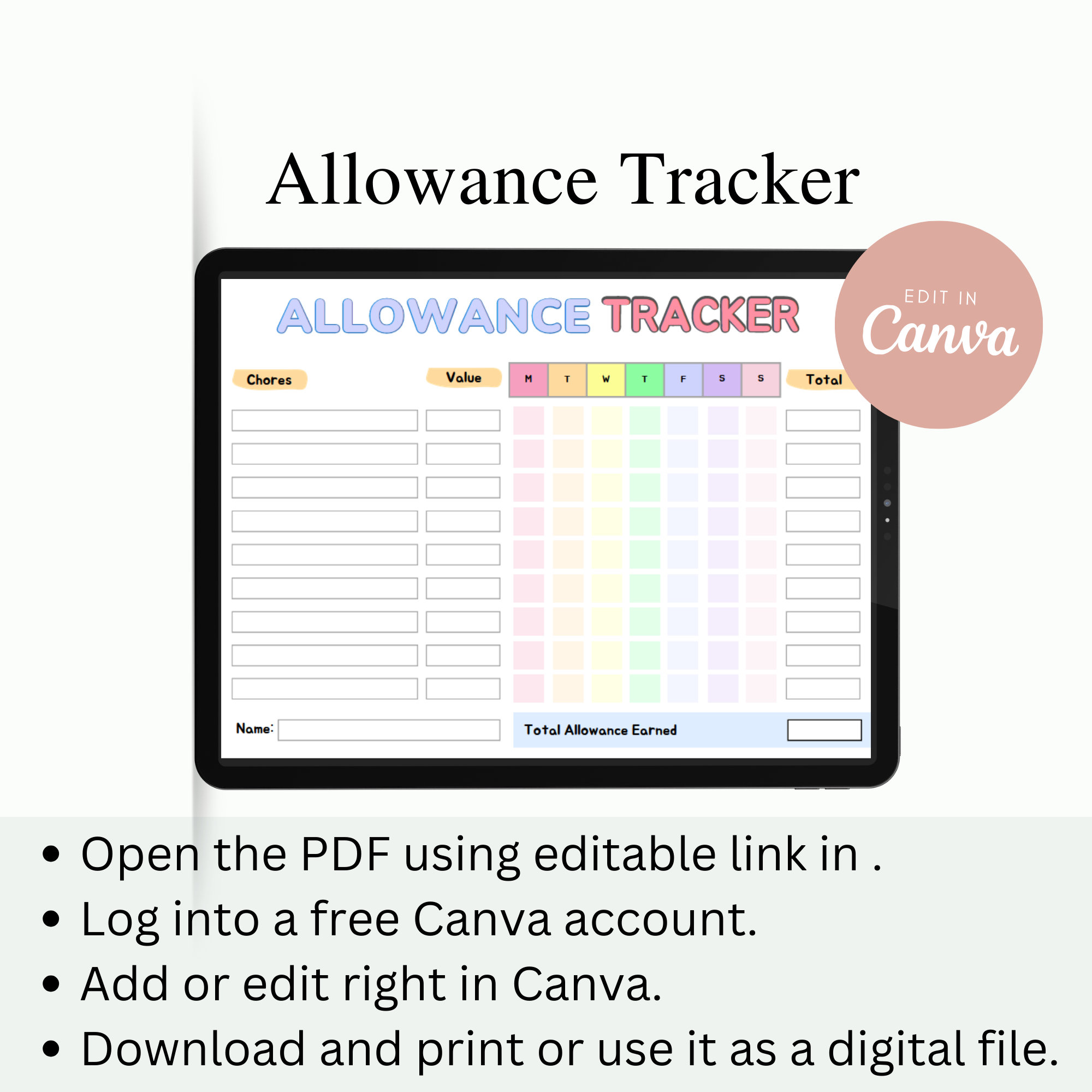 Editable Allowance Tracker | Printable Allowance Chore Chart | Daily ...