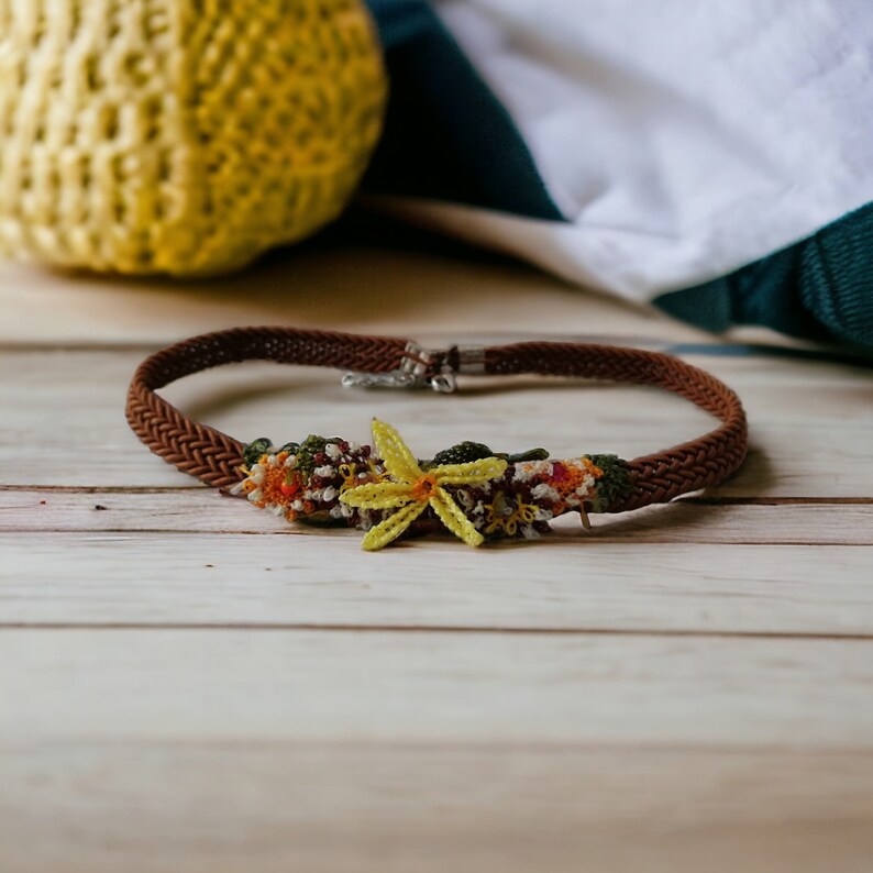 Brown Braided Choker With Yellow and Orange Floral Needlework ...