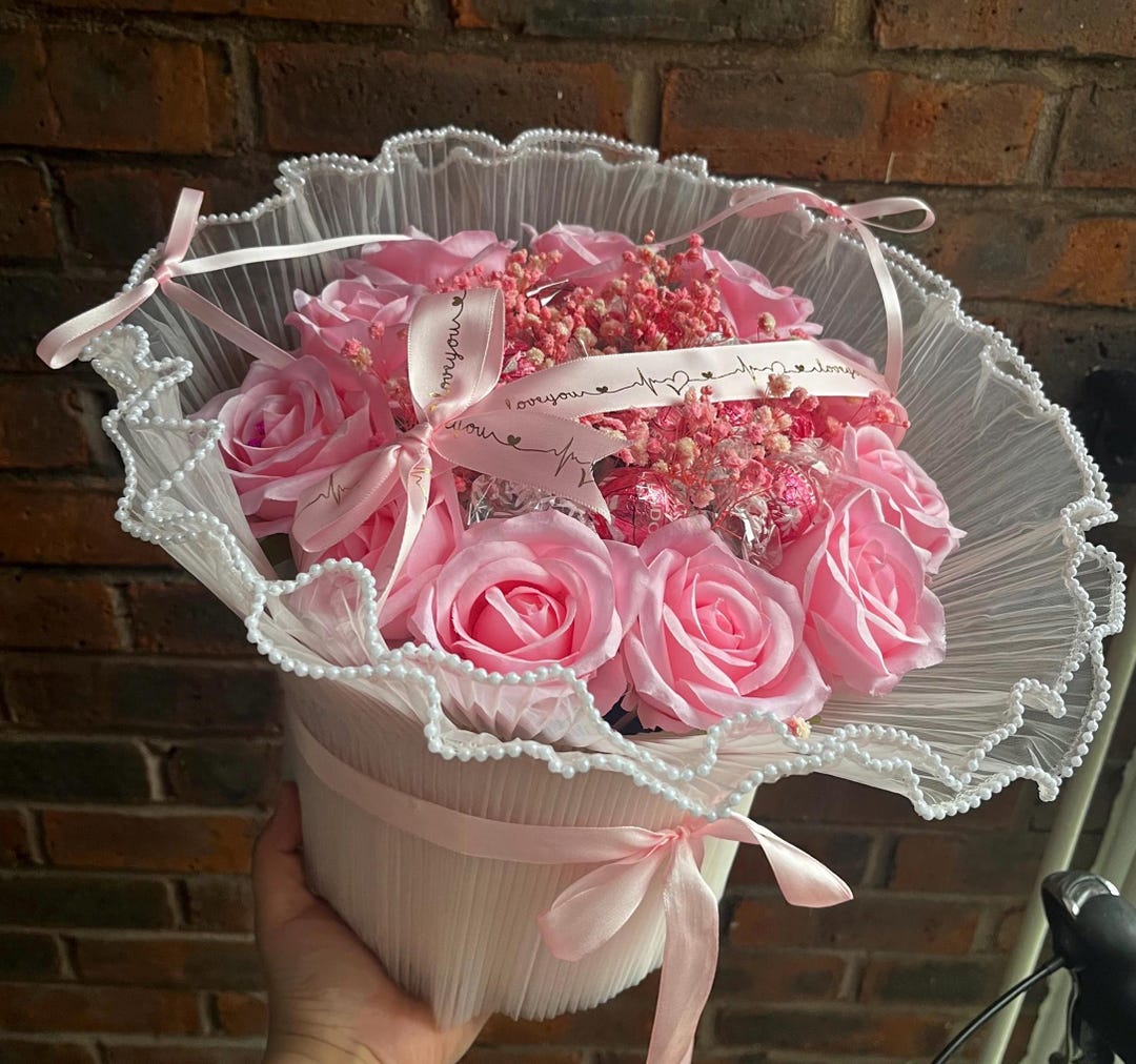Pink Flowers and Lindor Chocolate Bouquet Gift Box Mothers Day Birthday ...