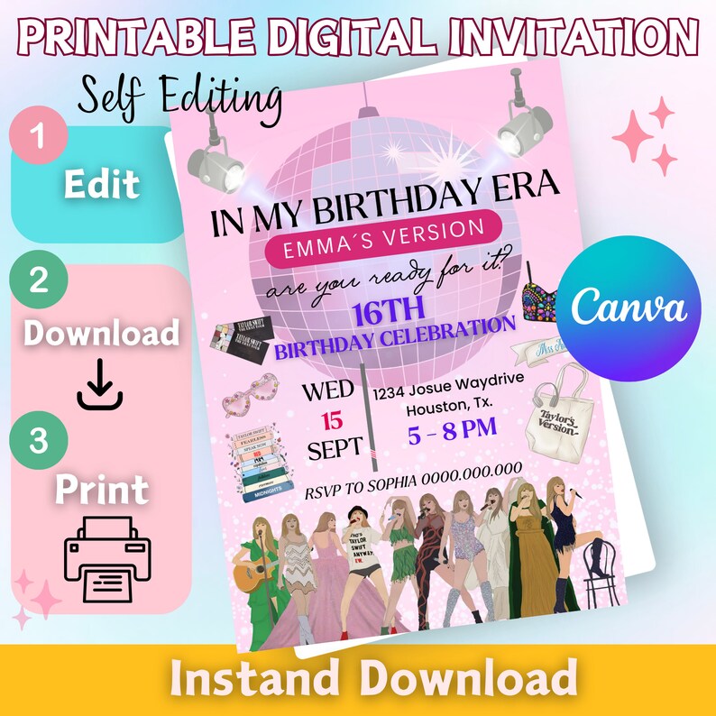 Printable Taylor Swift Birthday Party Invitation, Taylor Swift Party ...