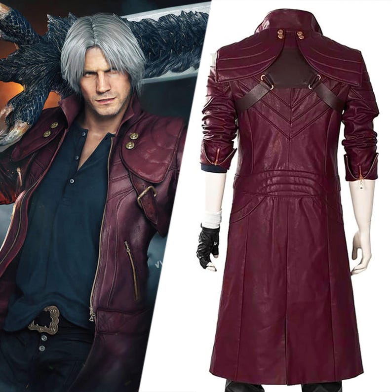 Devil May Cry 5 Leather Coat, Dante Maroon Trench Coat, Handmade ...