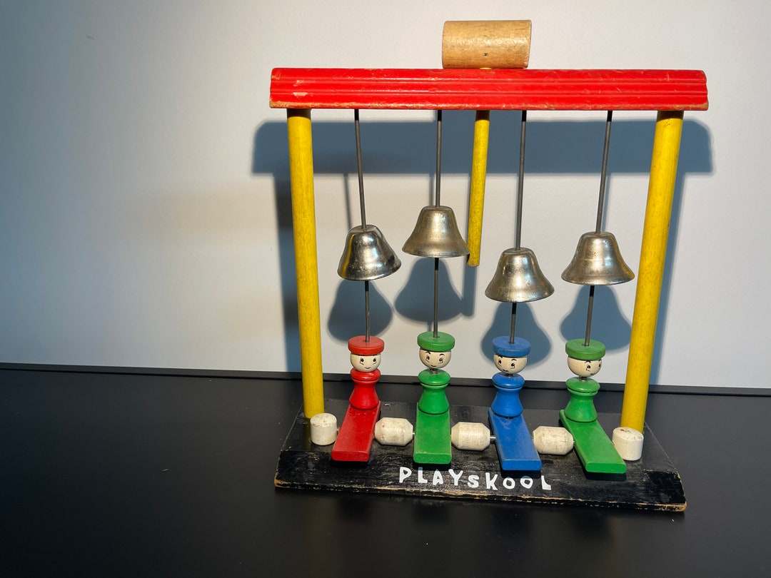 Vintage Playskool 143 BELL BOYS Wooden Toy W Original BOX Four Figures ...