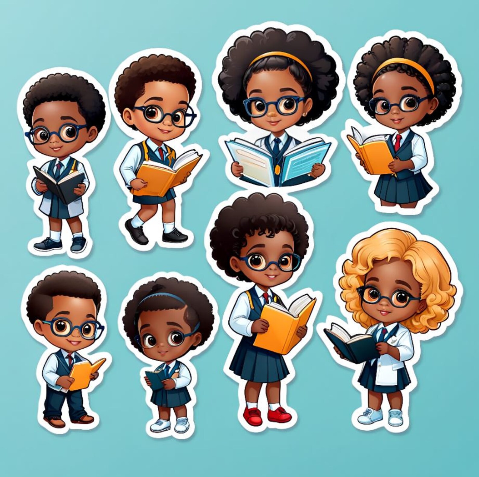 Sheet of 8 Printable Cartoon Brown Skin Smart Kid Stickers - Etsy