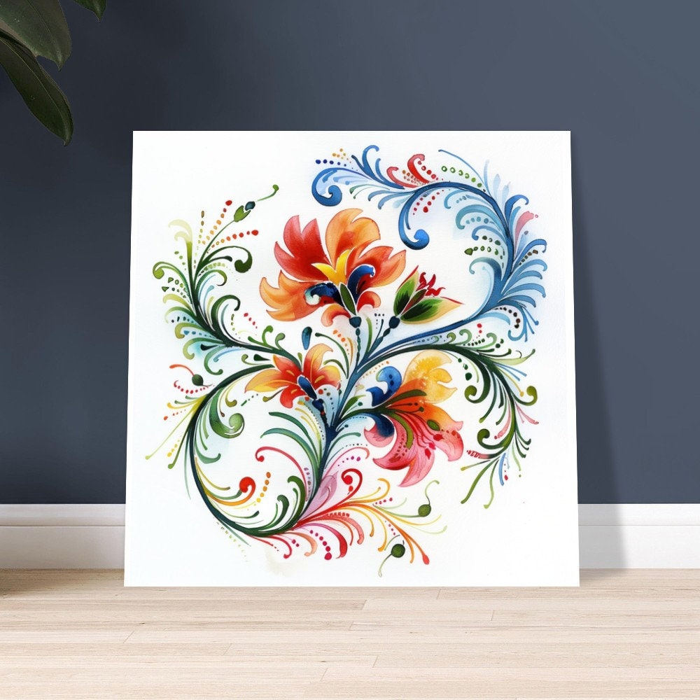 Scandinavian Rosemaling Watercolor Art Print - Norwegian Folk Art ...